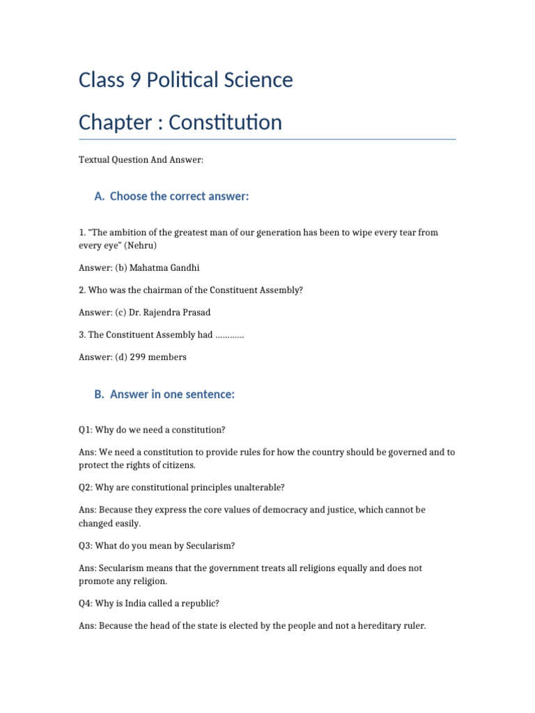 Class 9 Political Science Constitution Notes | PDF | Social Equality ...