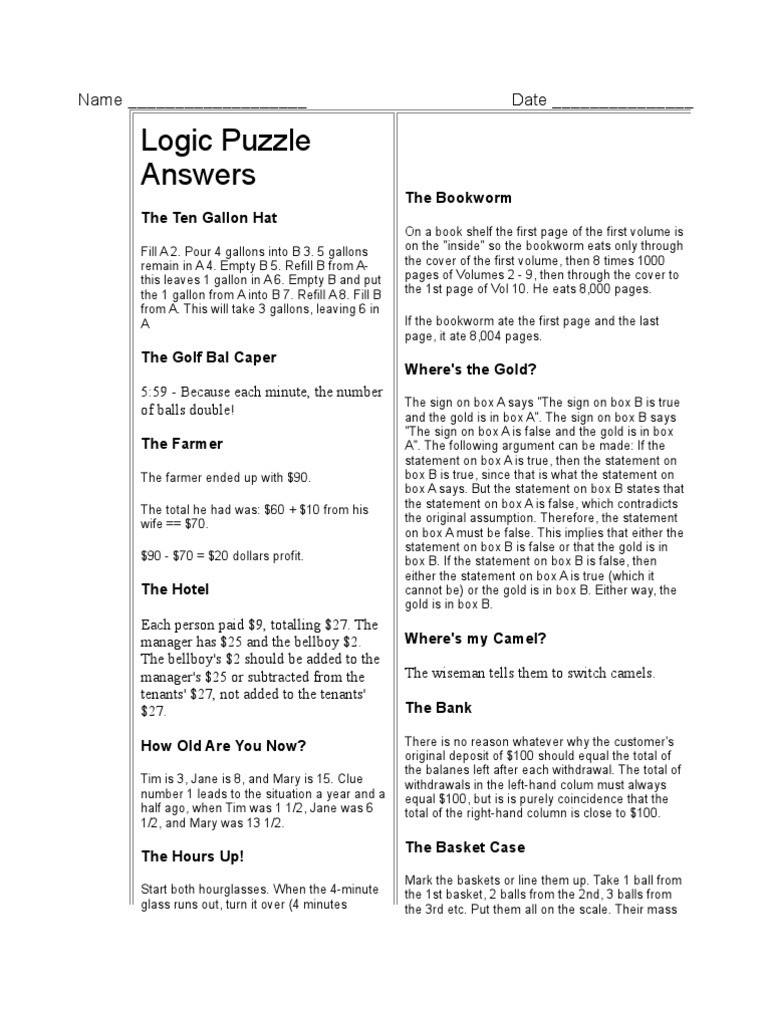 Logic Puzzle Answers | PDF | Logic | Teaching Mathematics