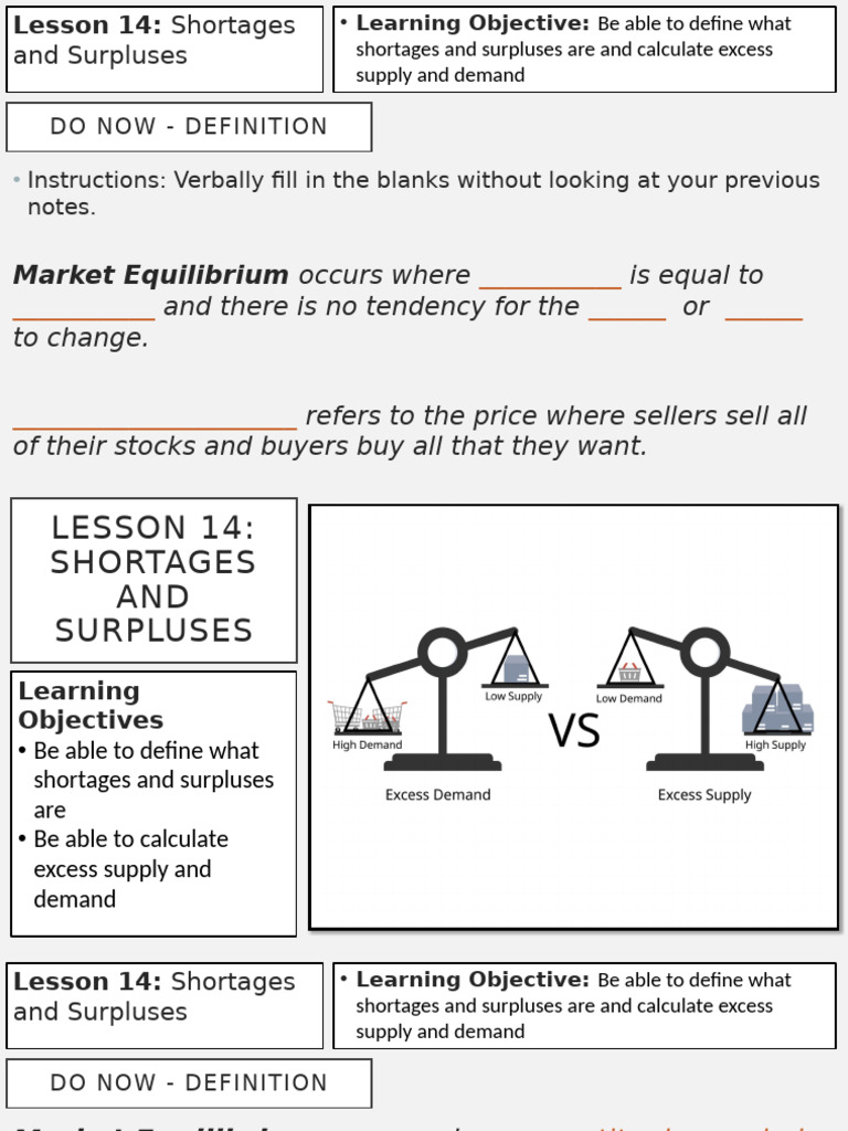 Lesson 14 - Shortages and Surpluses | PDF | Economic Equilibrium ...