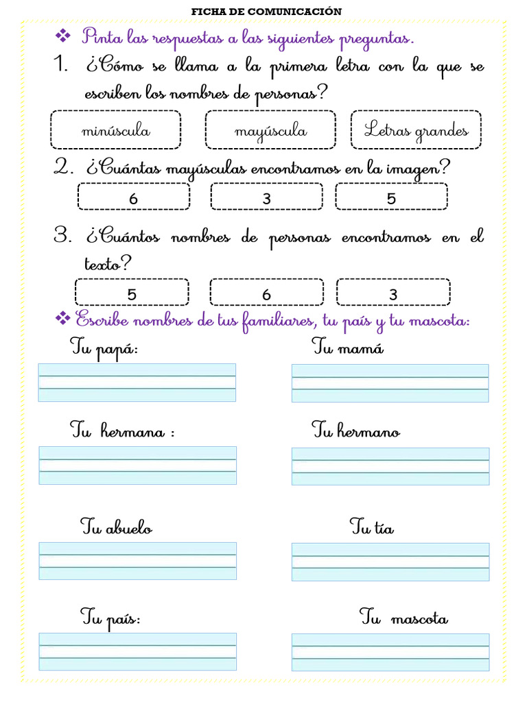 Ficha - Com - Hacemos Uso de La Mayuscula Al Escribir Los Nombres de Los Miembros de Mi Familia ...