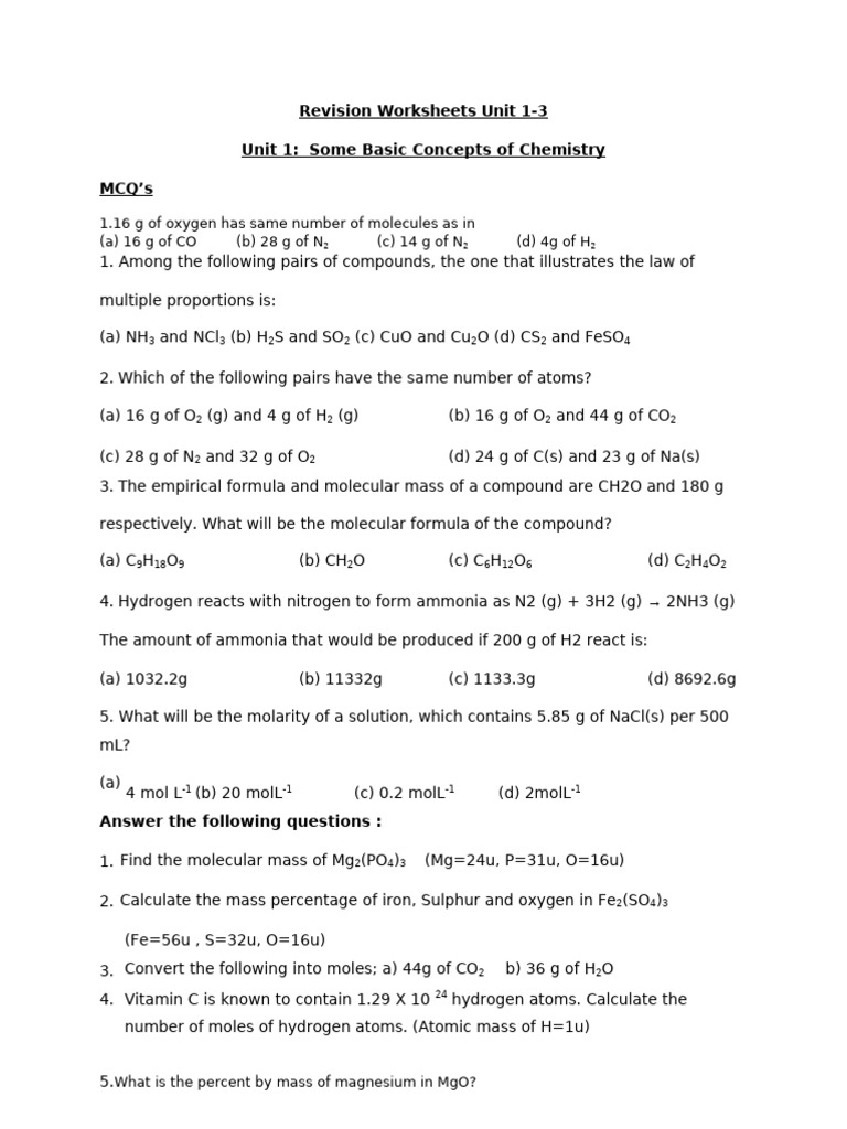 Gr11 Revision Periodic Test Unit1 To 3 | PDF | Mole (Unit) | Chemical ...