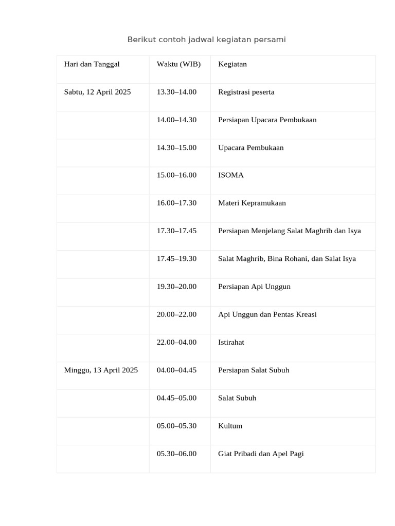 Berikut Contoh Jadwal Kegiatan Persami | PDF