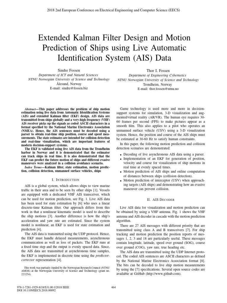 Extended Kalman Filter Design And Motion Prediction Of Ship Using Live Ais Data Pdf Latitude