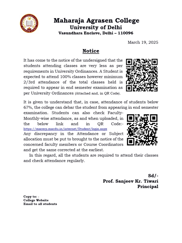 Attendance Notice for Maharaja Agrasen College | PDF