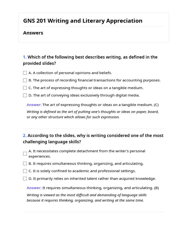 GNS 201 Writing and Literary Appreciation Answers | PDF | Essays | Narration