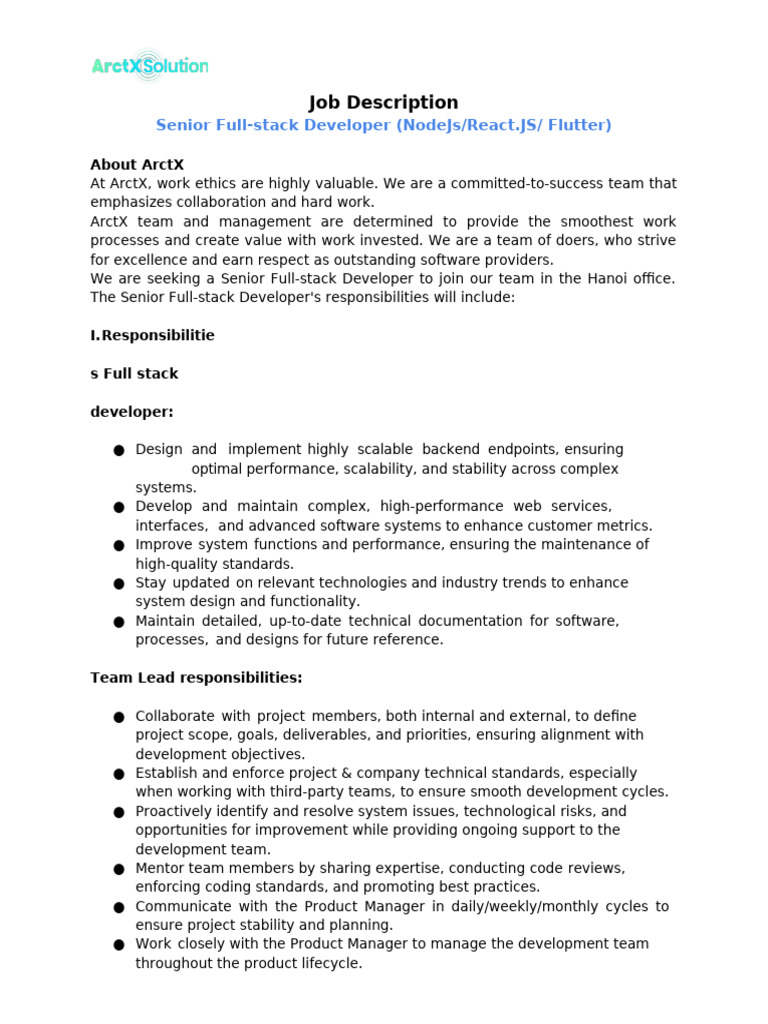 ArctX Solution Senior Full Stack Developer NodeJS ReactJS | PDF | Systems Engineering | Software ...