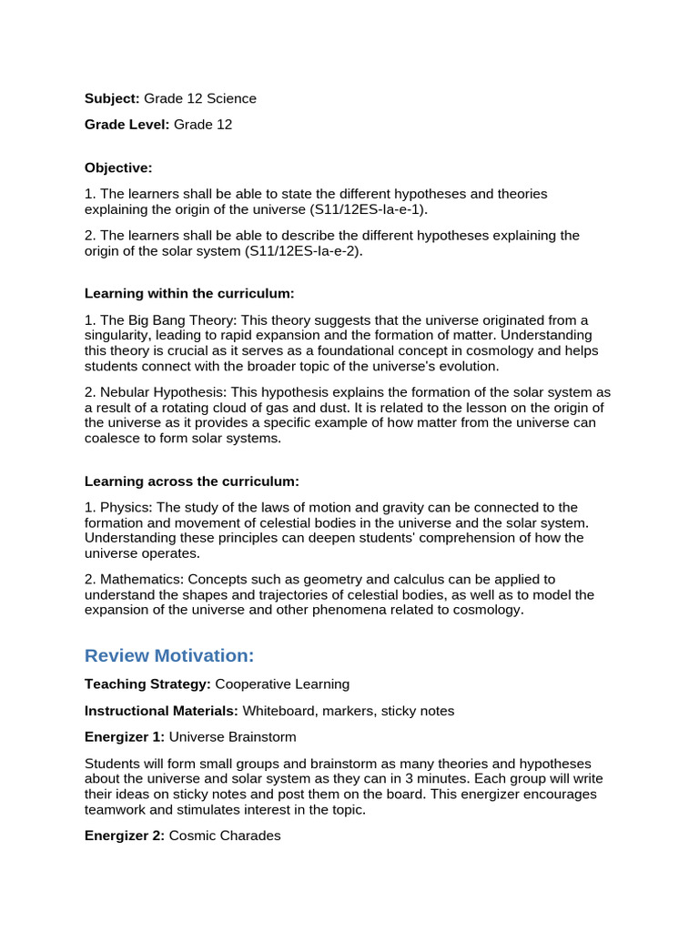 Lesson Plan Grade 12 Science | PDF | Universe | Theory
