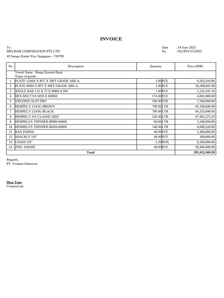 Invoice & Packing List - TK Sinaran Barat | PDF