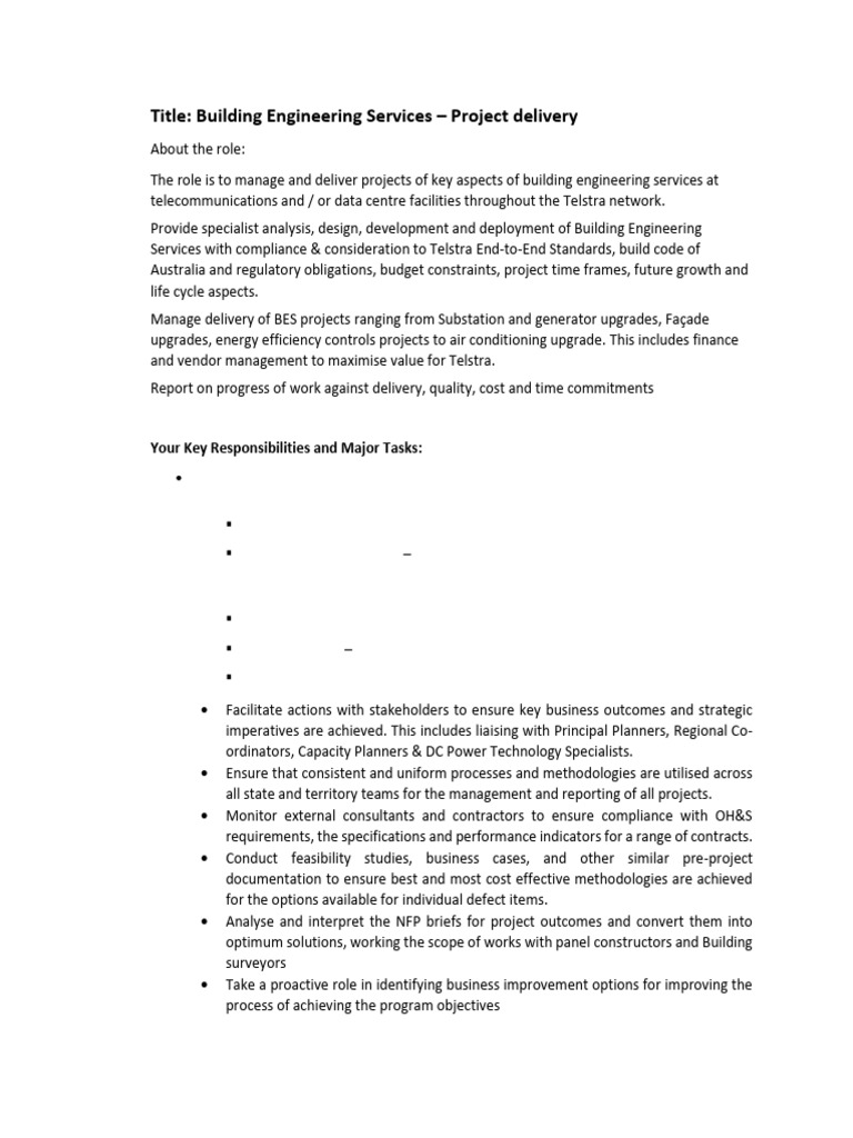 JD - Building Eng Services - Project Manager | PDF | Data Center | Regulatory Compliance