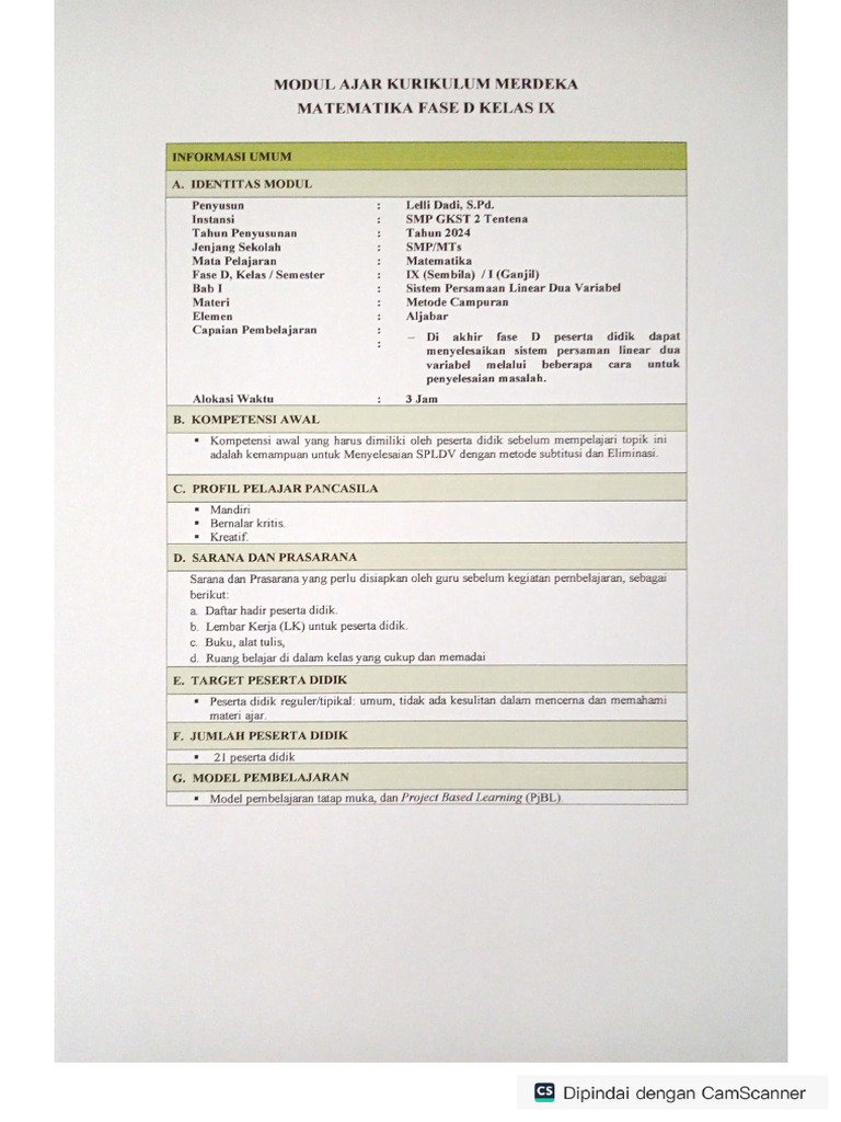 Modul Ajar SPLDV Metode Campuran | PDF