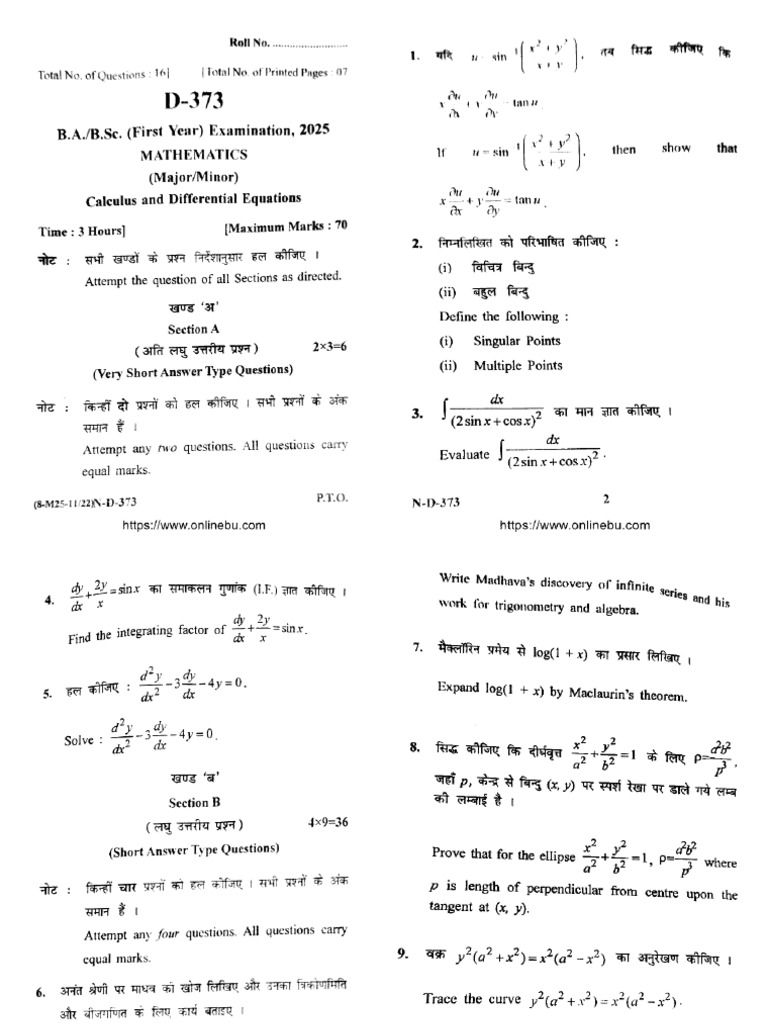 Ba BSC 1 Year Mathematics Calculus and Differential Equations D 373 ...