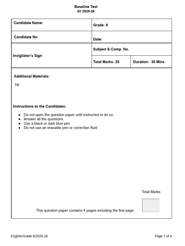 8th Grade English Baseline Test 2025-26 | PDF