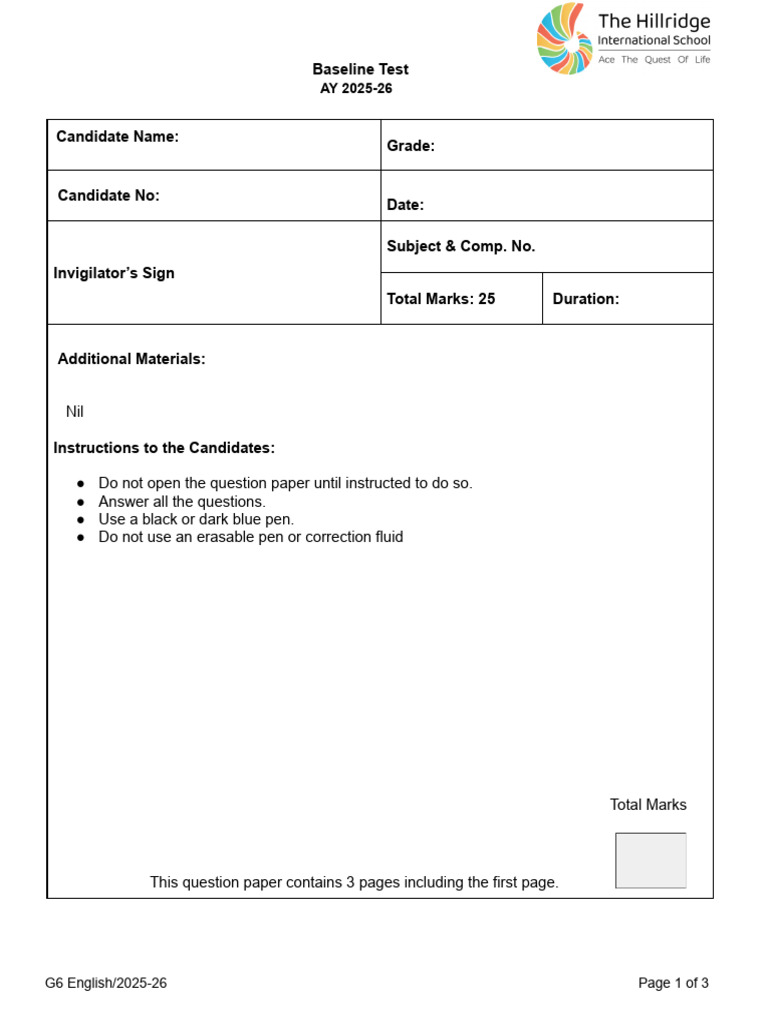 6th Standard English Baseline Test 2025 | PDF