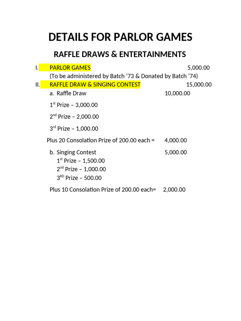 Parlor Games and Raffle Details | PDF