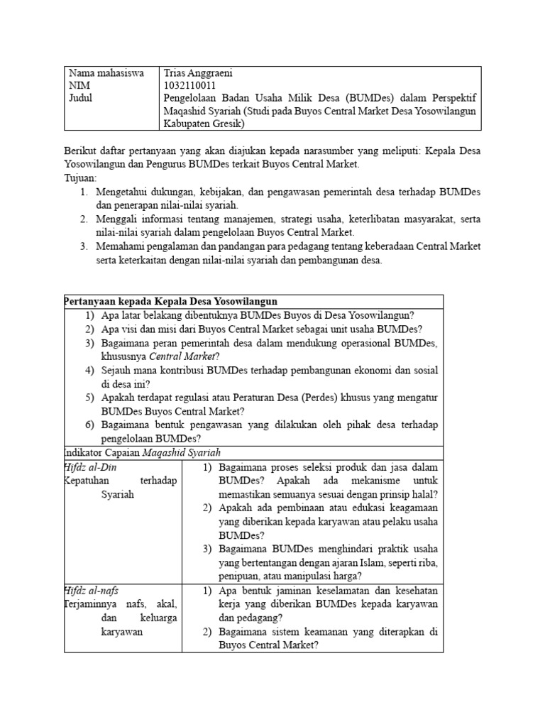 Draft Wawancara Pengelolaan BUMDes Desa Yosowilangun | PDF