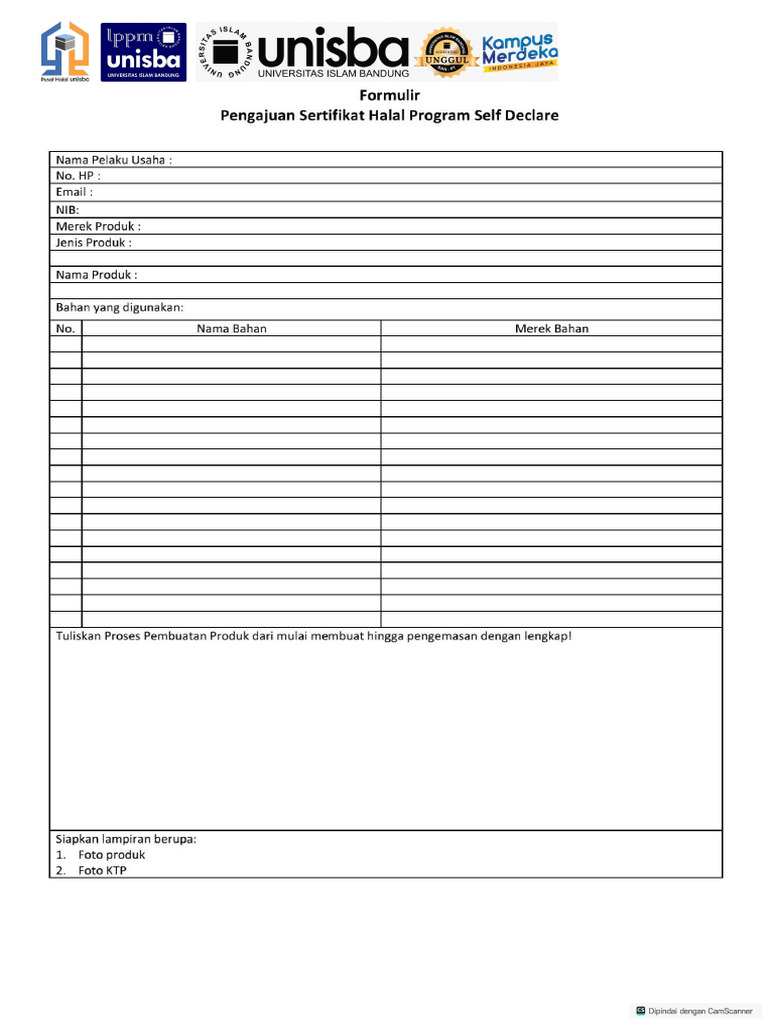 Formulir Pendftaran Sertifikasi Halal Dan NIB UP3H Unisba | PDF