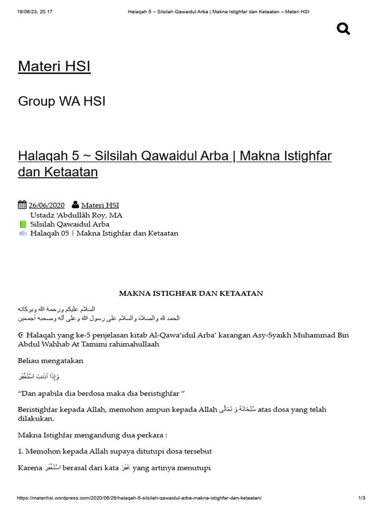 Halaqah 5 Silsilah Qawaidul Arba - Makna Istighfar Dan Ketaatan - Materi HSI | PDF