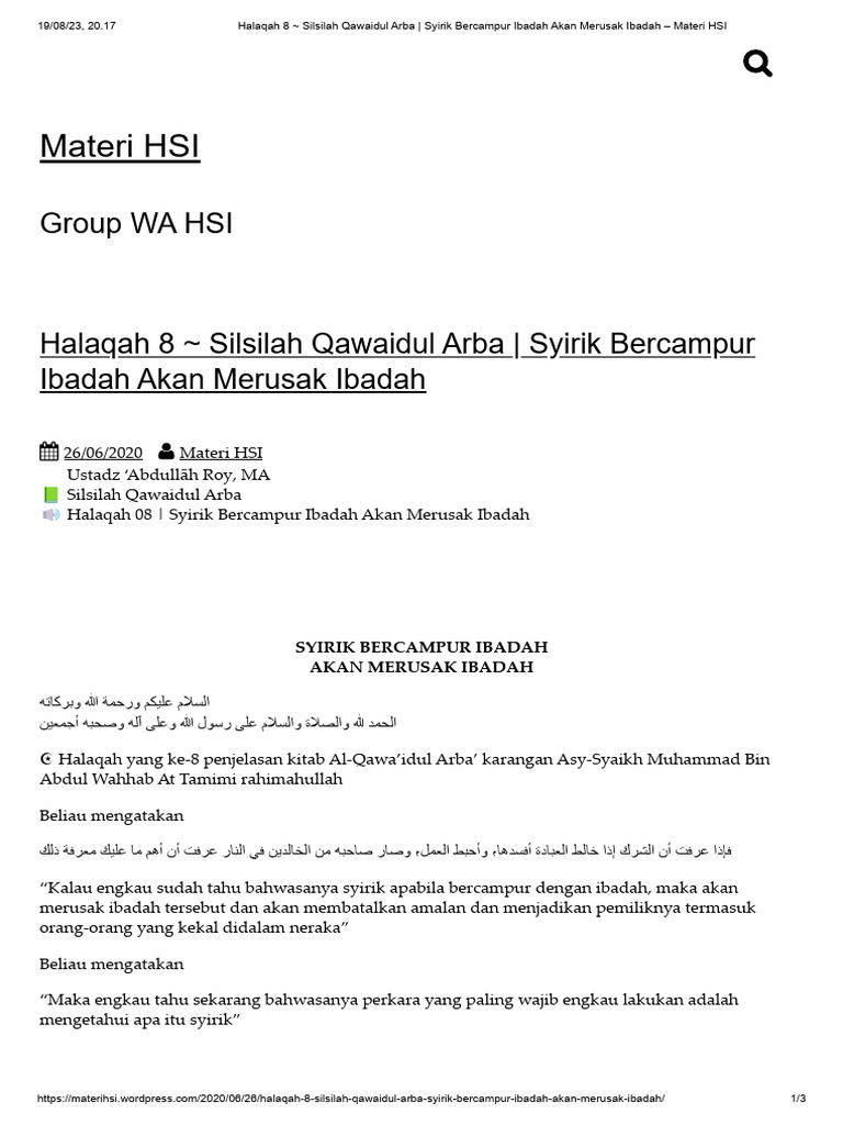 Syirik Bercampur Ibadah dalam Halaqah 8 | PDF