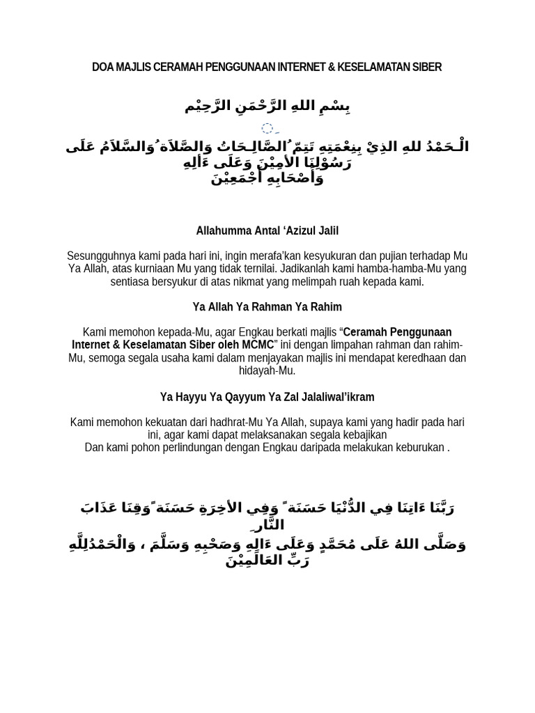 Doa Ceramah Penggunaan Internet & Keselamatan Siber Oleh MCMC (Dis 2024) | PDF