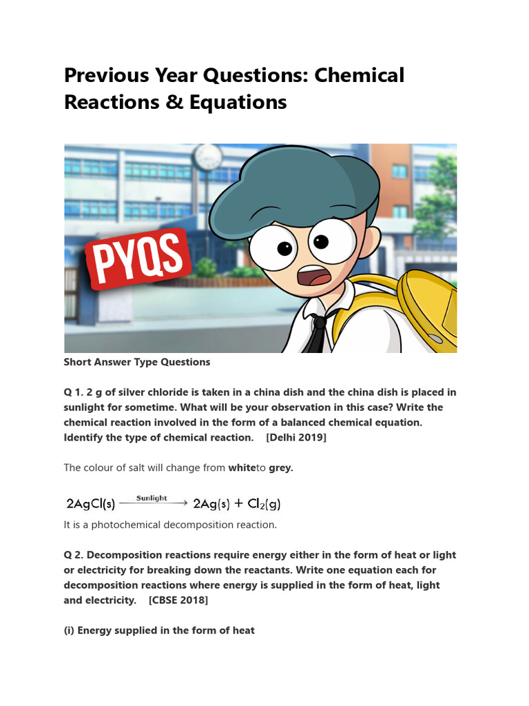 Previous Year Questions Chemical Reactions & Equation | PDF | Chemical ...