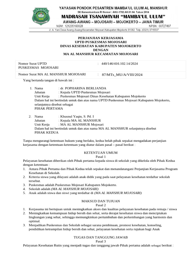 Mou Puskesmas Mojosari Mts. Mu & Ma Al-Manshur 2024-2025 | PDF