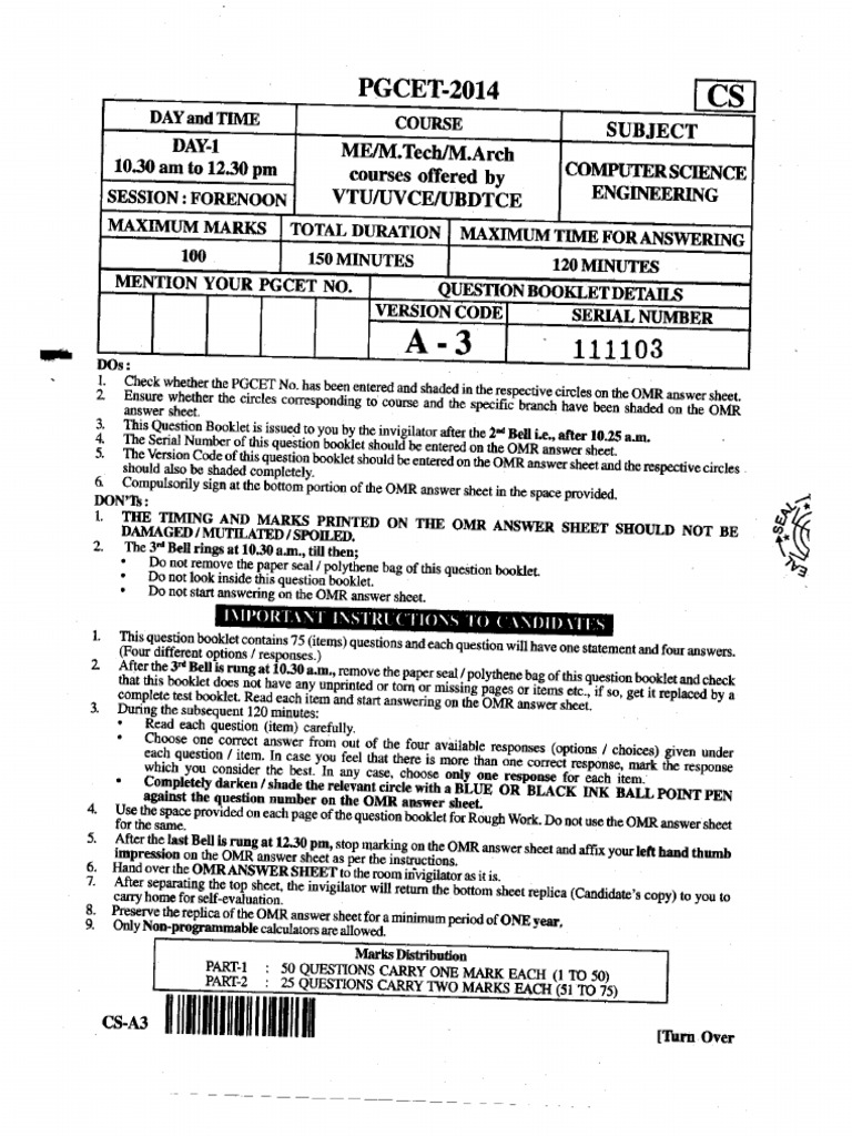 Karnataka PGCET 2014 Computer Science | PDF