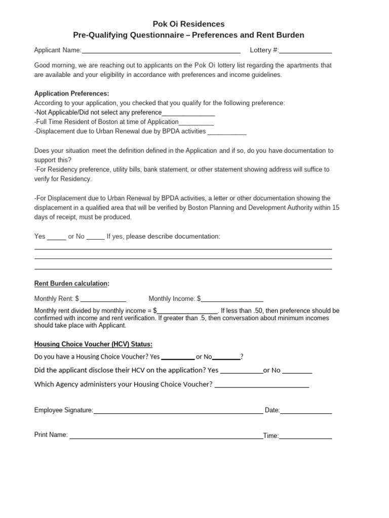 Pok Oi Residences Pre-Qualifying Questionnaire - Preferences and Rent Burden | PDF