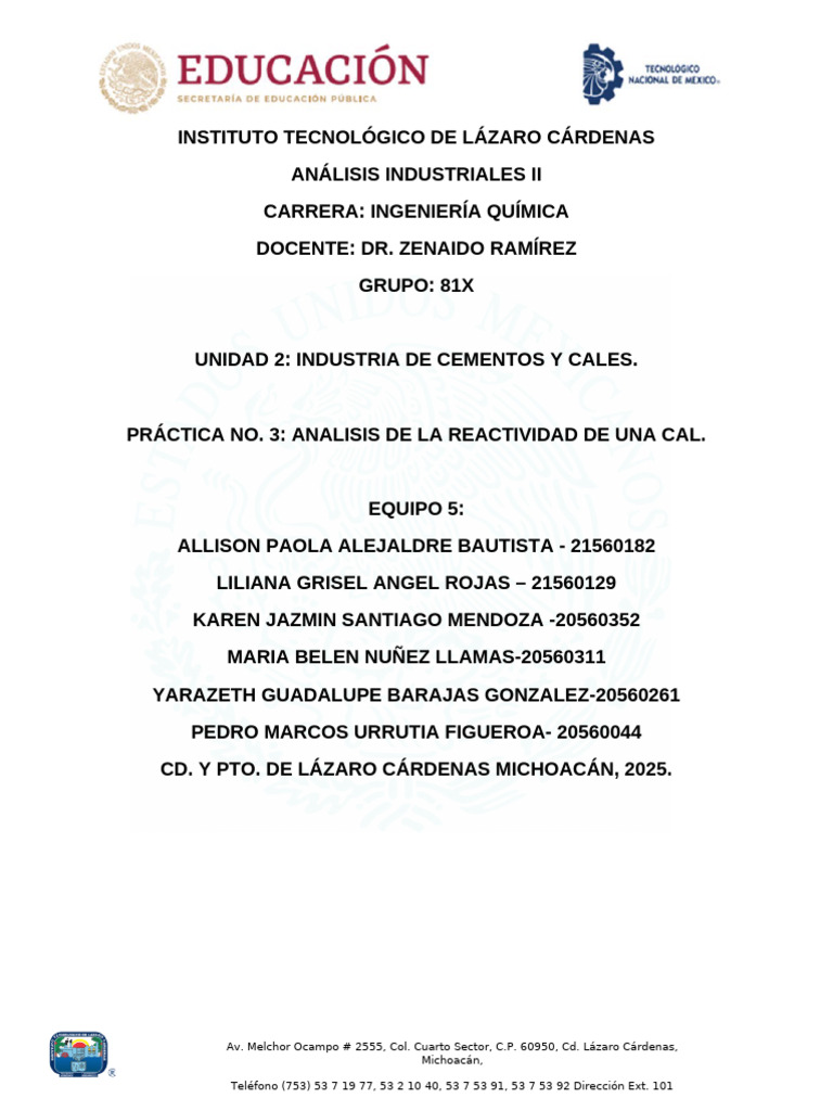 Practica 3 Analisis de La Reactividad de Una Cal | PDF | Lima (Material) | Materiales
