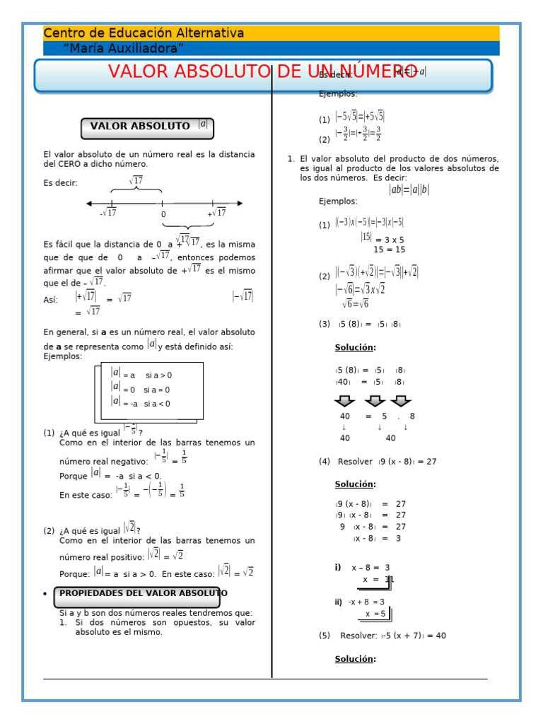 Valor Absoluto: Definición y Ejercicios | PDF | Matemáticas