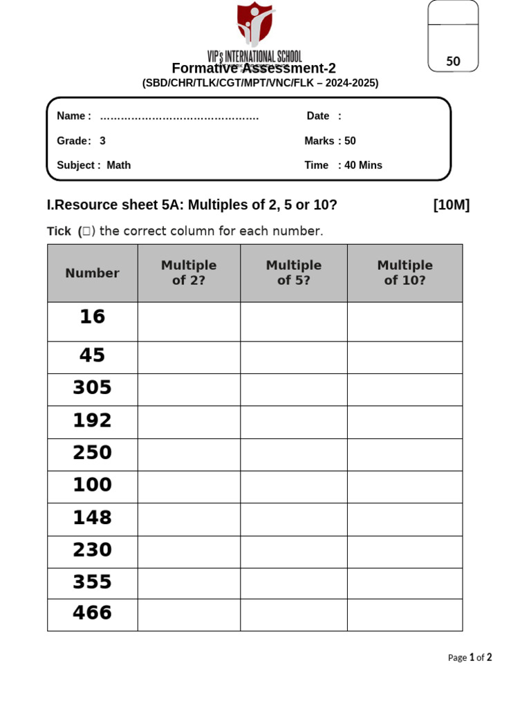 Grade 3 Math Formative Assessment | PDF