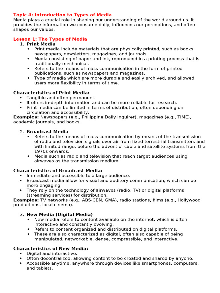 Types of Media: Print, Broadcast, Digital | PDF | Mass Media | New Media