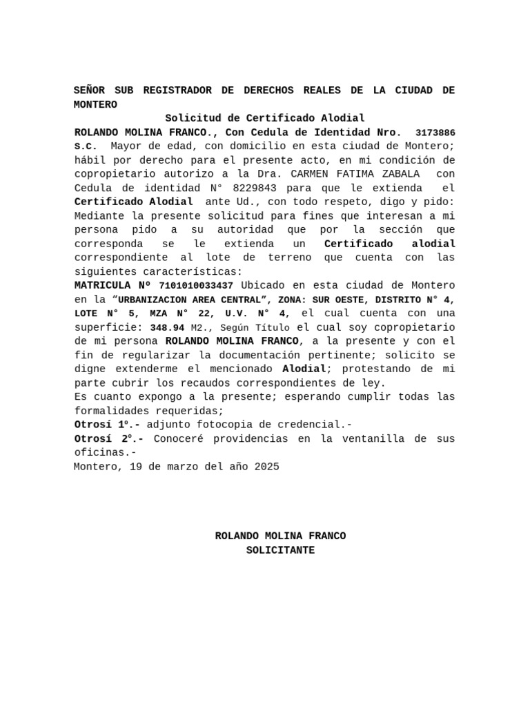 Memorial de Solicitud para Alodial | PDF