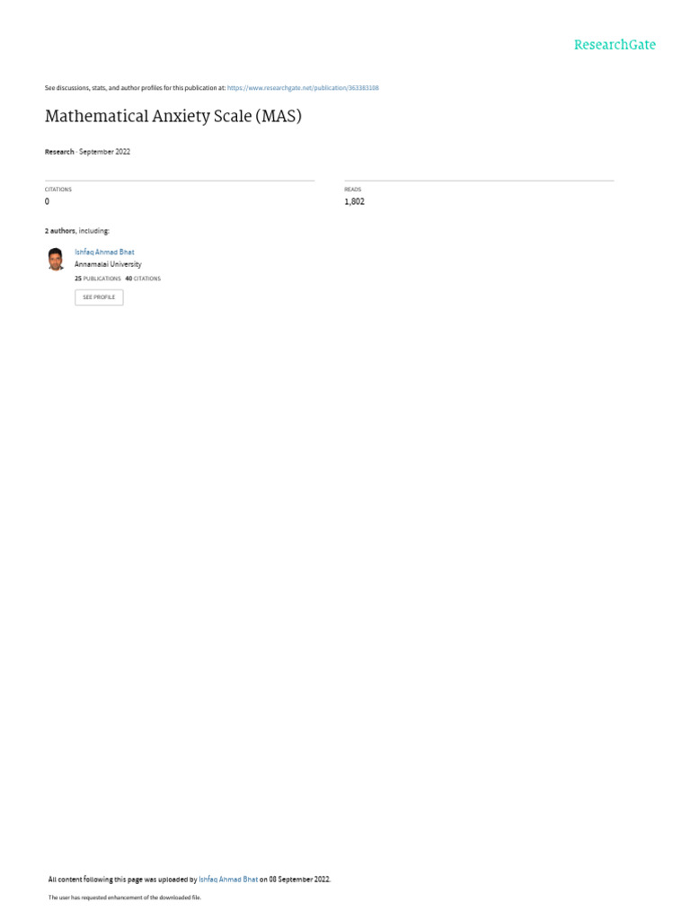Mathematical Anxiety Scale (MAS) : September 2022 | PDF