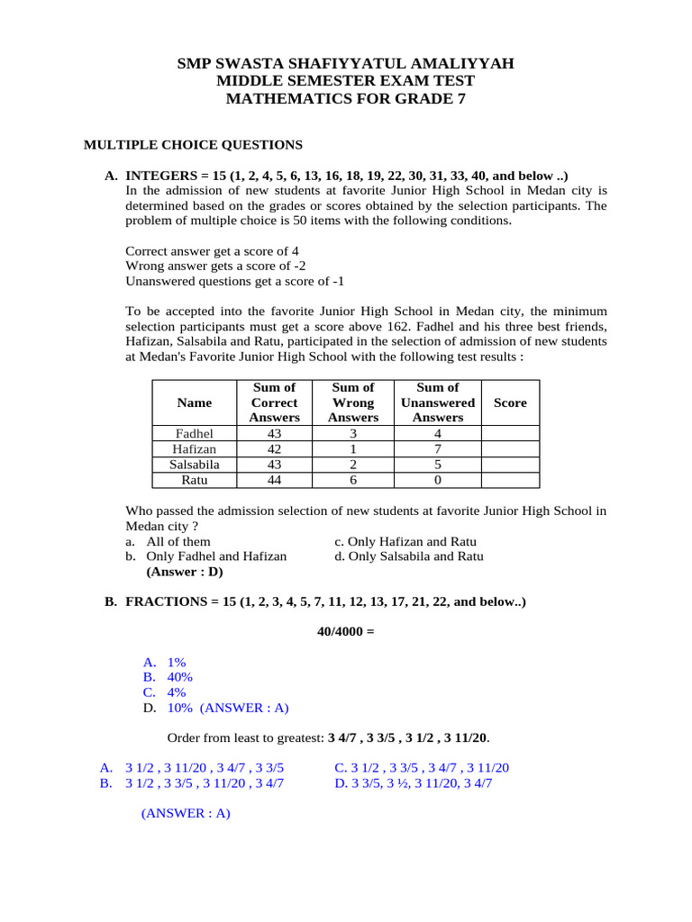 Math Questions For Mid Test | PDF | Multiple Choice | Middle Schools