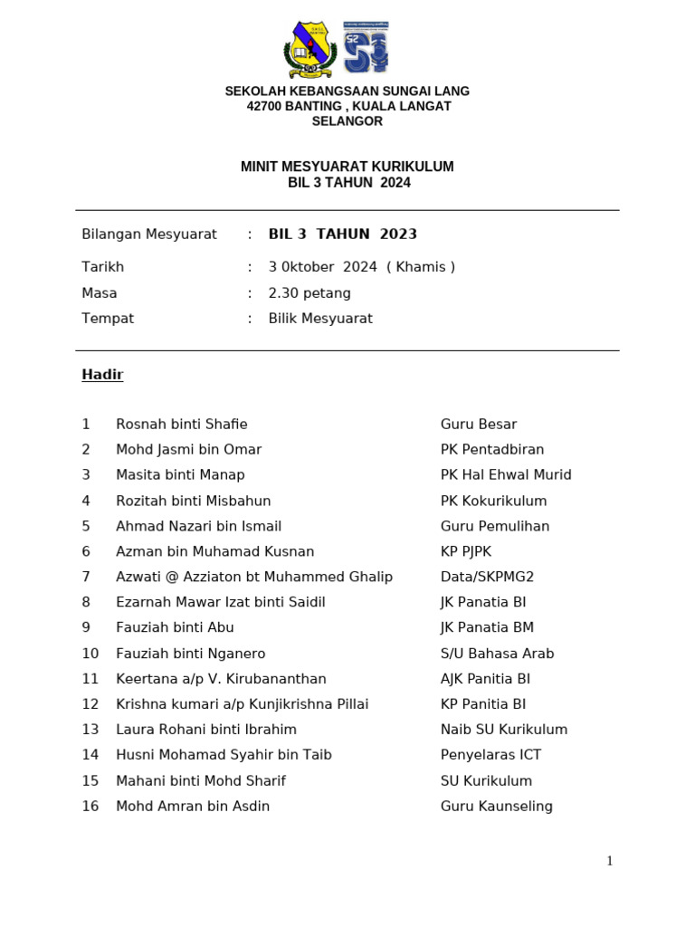 2024 - Minit Mesyuarat 3 Kurikulum | PDF