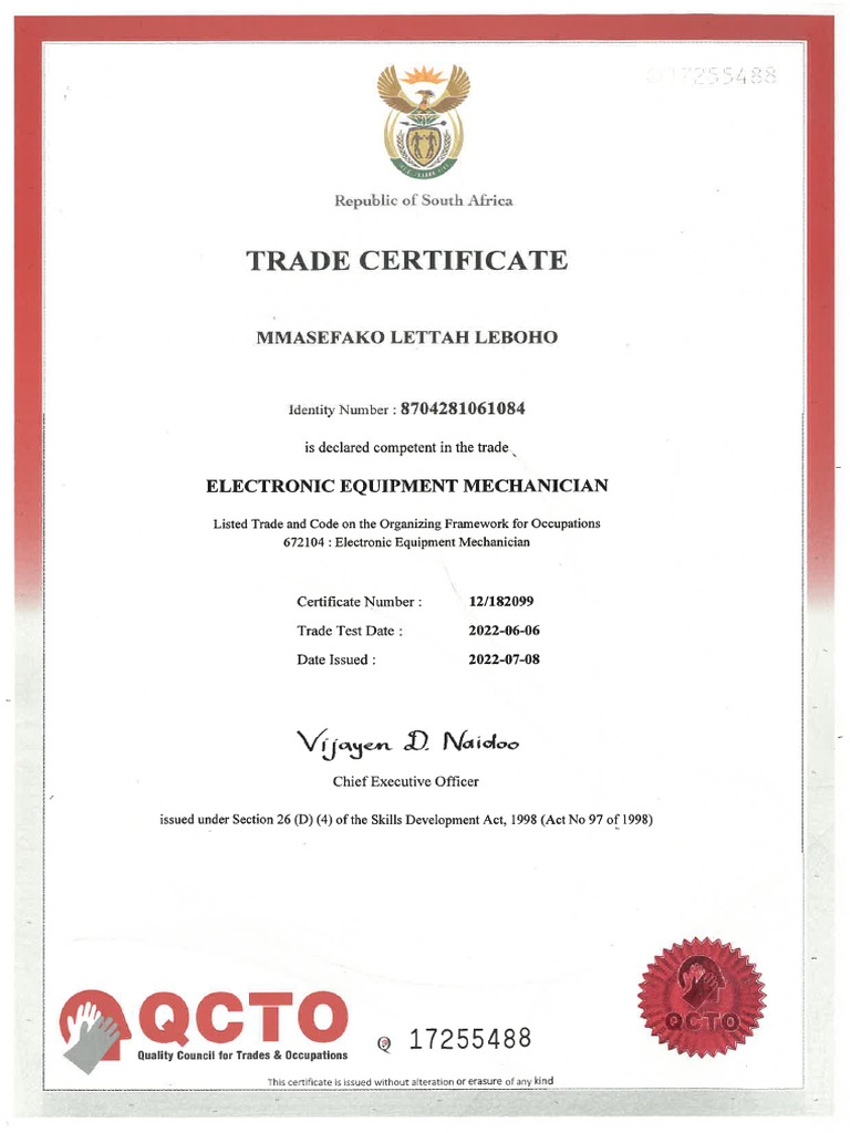 Trade Test Certificate | PDF