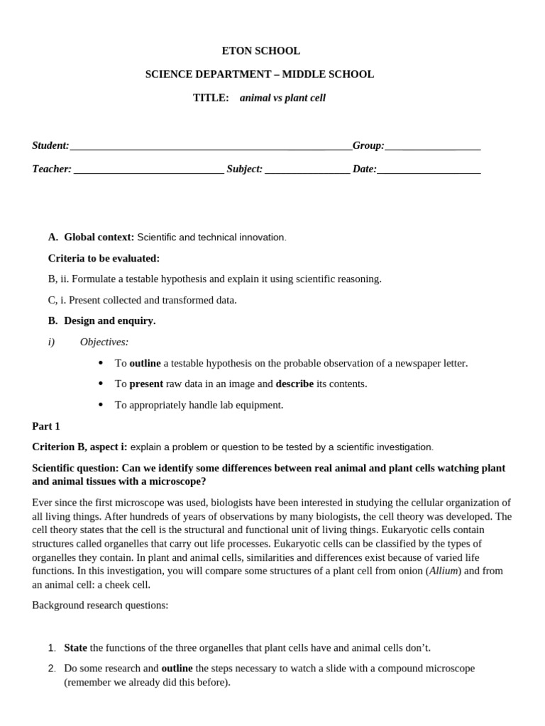 Cópia de Lab - 4 - Animal - and - Plant - Cell | PDF | Cell (Biology) | Hypothesis