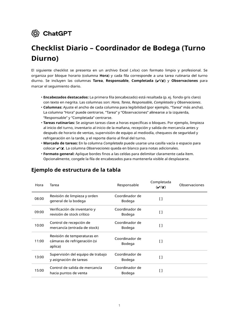 Checklist Diario - Coordinador de Bodega (Turno Diurno) | PDF