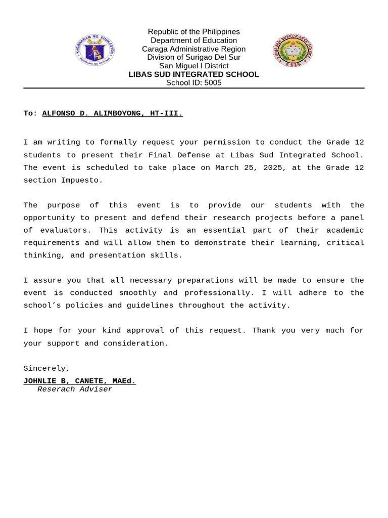 Grade 12 Final Defense Request | PDF