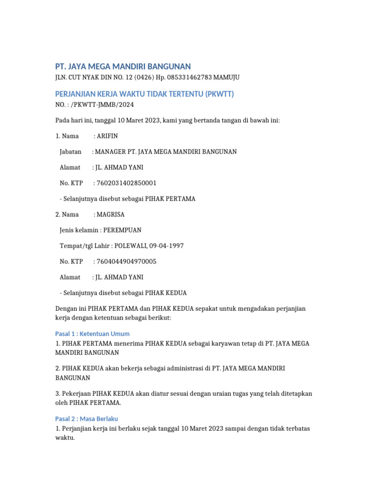 Perjanjian_Kerja_PKWTT | PDF