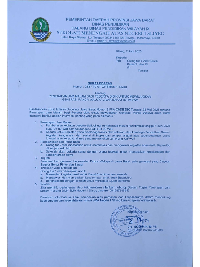 Surat Edaran Jam Malam SMAN 1 Sliyeg | PDF