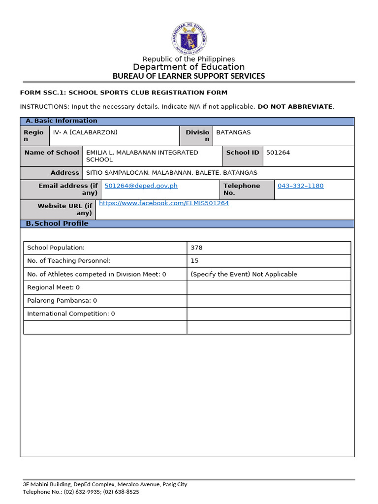 ELMIS 501264 FORM SSC.1 School Sports Club Registration Form v1 | PDF ...