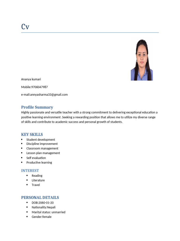 Ananya Kumari: Versatile Teacher Profile | PDF
