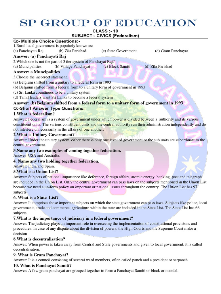 Civics CL 10 ch2 SOL | PDF | Political Science | Governance