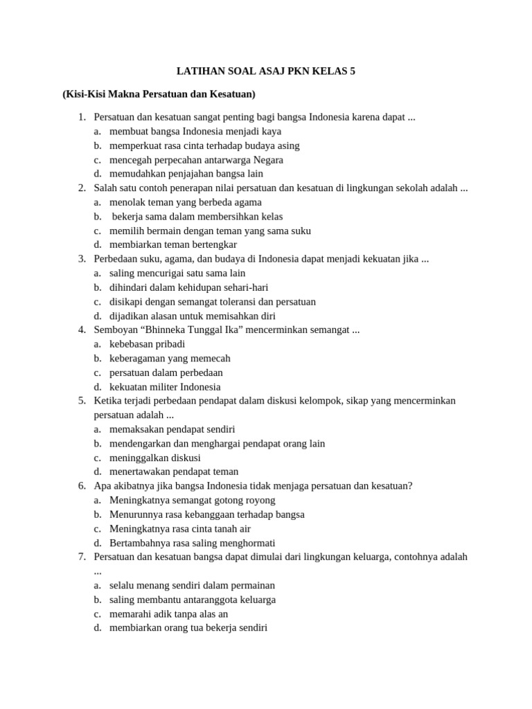 Latihan Soal Asaj PKN Kelas 5b | PDF