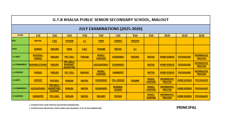 Datesheet July Examinations (2025-2026) | PDF | Science