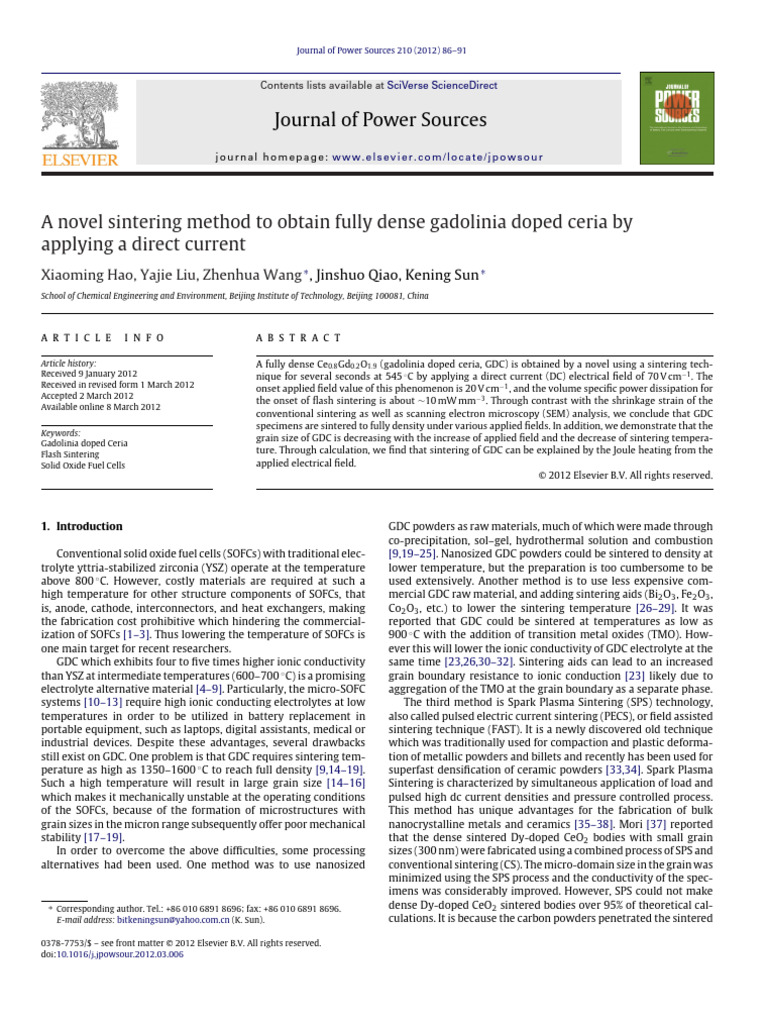 Novel DC Sintering of Gadolinia-Doped Ceria | PDF | Solid Oxide Fuel ...