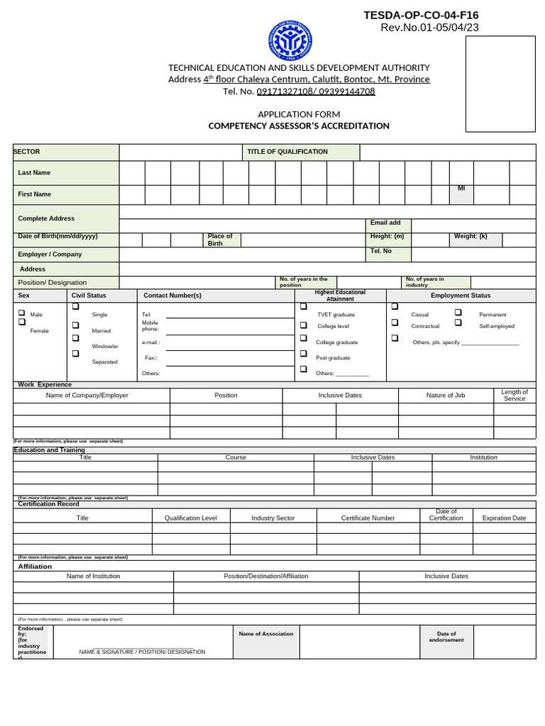 Tesda Op Co 04 f16 Application Form Assessor | PDF | Career And ...