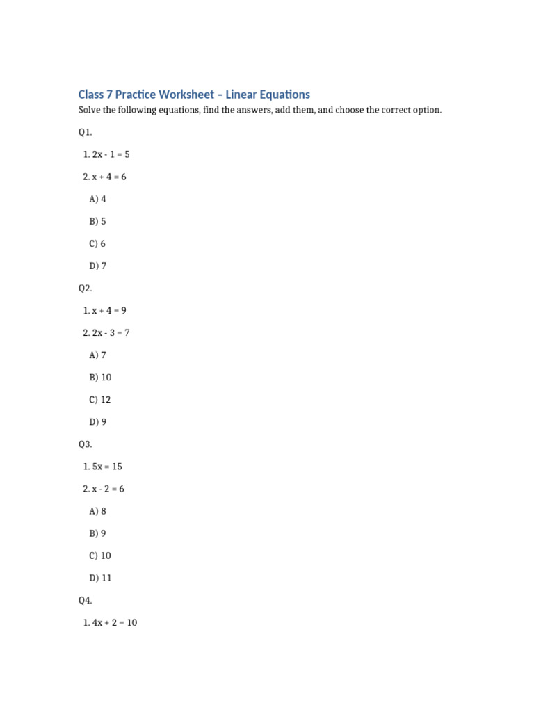 Class 7 Linear Equations Worksheet | PDF