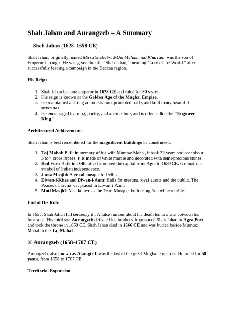 Shah Jahan AND Aurangzeb Notes | PDF | Mughal Empire